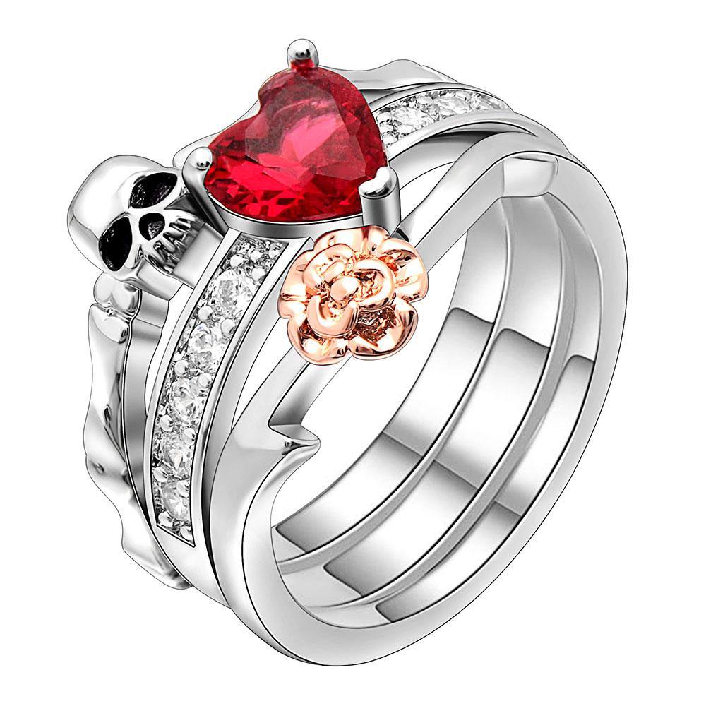 'Red Heart Crystal Skull' Ring Set | Rebel Stones