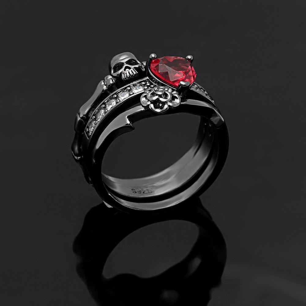 'Red Heart Crystal Skull' Ring Set | Rebel Stones